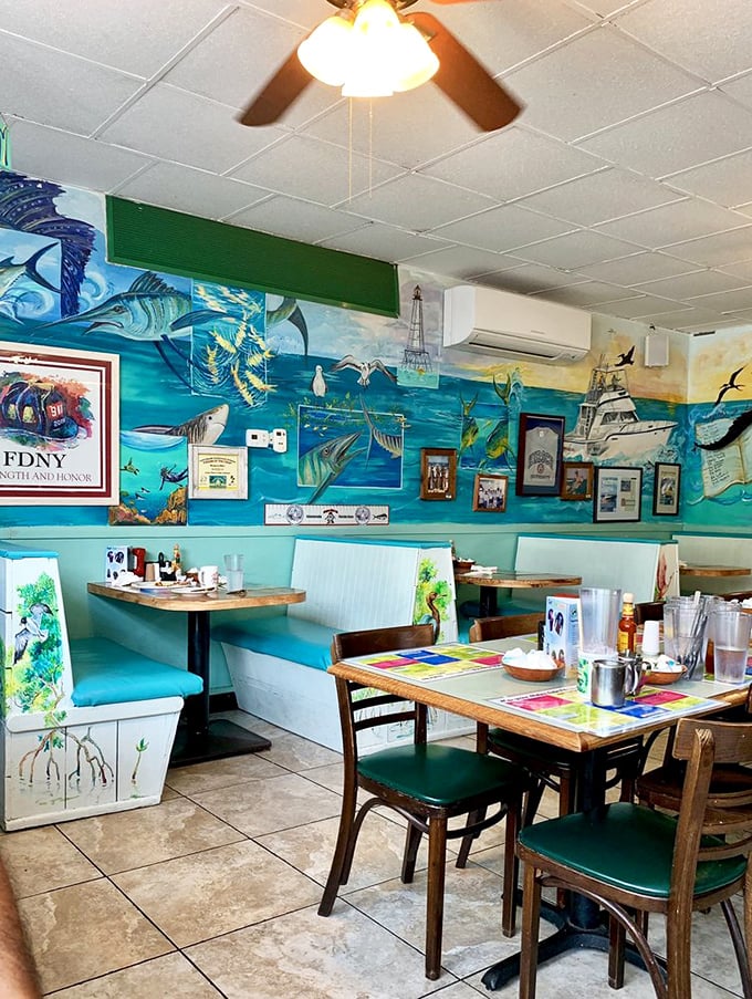 Turquoise walls, fishing memorabilia, and booths that invite you to settle in. The dining room feels like your coolest friend's Florida beach house.