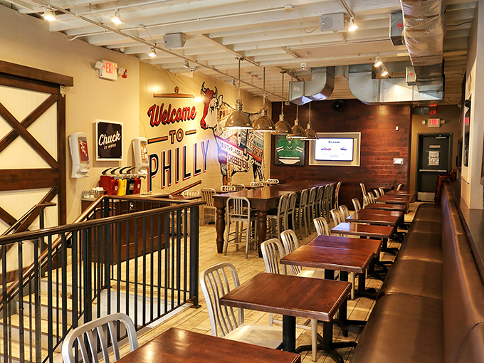 "Welcome to Philly" indeed. The dining area balances urban cool with hometown pride, inviting you to settle in for sandwich bliss.
