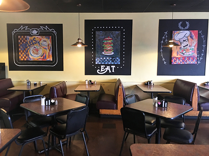 Whimsical food art watches over diners from the walls, as if to say, "Yes, we take eating seriously, but we're having fun too."