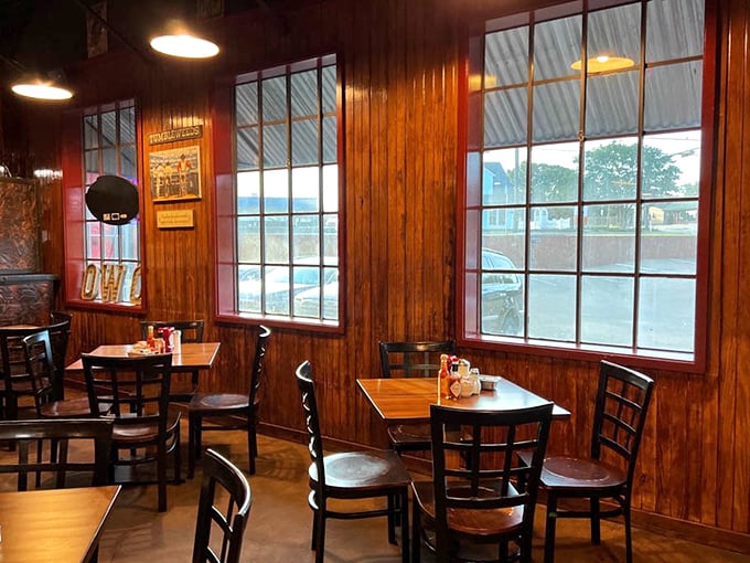 Wooden paneling, large windows, and simple furnishings create the perfect backdrop for food that doesn't need fancy surroundings to shine.