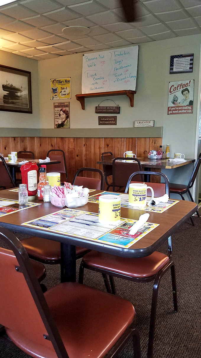 The dining area's vintage signs and wood paneling aren't "retro chic" &ndash; they're just authentic, like everything else here.