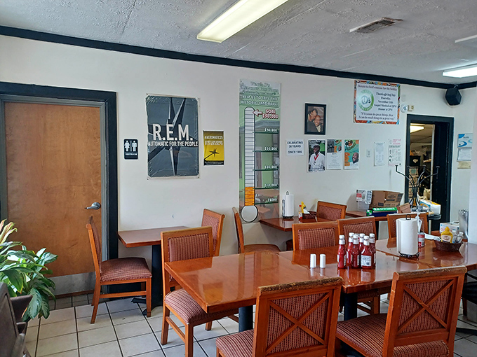 The dining room feels like a community living room, where R.E.M. posters remind you that great things come from Athens.