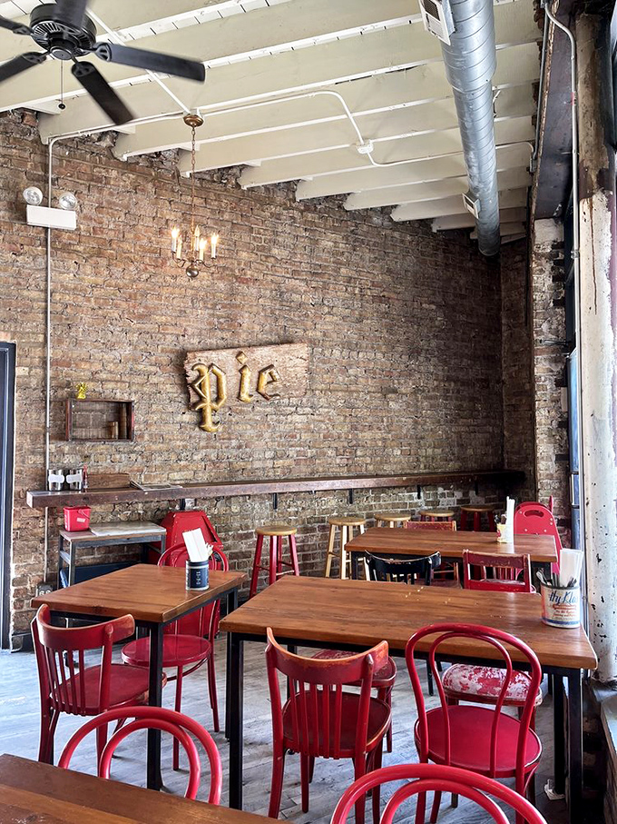 The dining room's "pie" sign on exposed brick isn't just decor&mdash;it's more like a spiritual symbol for the religion of good eating.