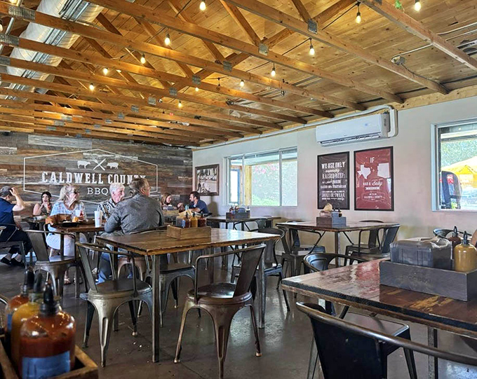 The dining room buzzes with the happy sounds of people experiencing meat nirvana under exposed wooden beams.