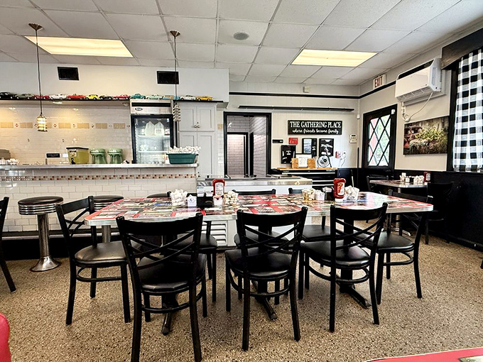 The dining area feels like it's been welcoming hungry patrons since before Instagram was invented. Those checkered curtains have seen it all.