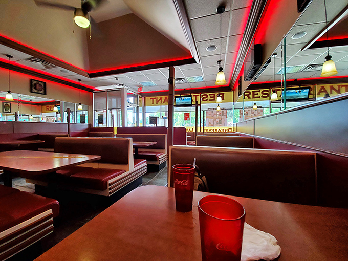 Classic diner booths where countless Michigan mornings have been salvaged by coffee and conversation.