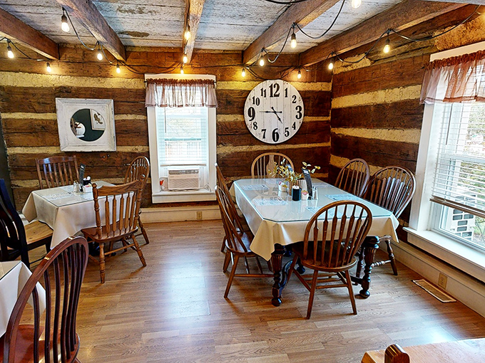 Log cabin meets fine dining in this charming corner. That oversized clock isn't just decor&mdash;it's reminding you to slow down and savor every bite.