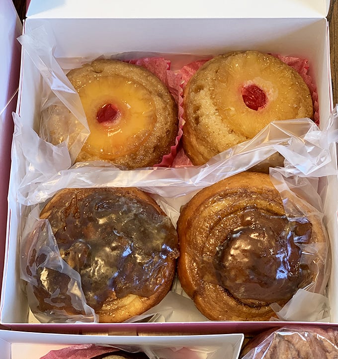 Pineapple upside-down donuts and glazed delights nestled in a bakery box&mdash;proof that good things really do come in small, hand-held packages.