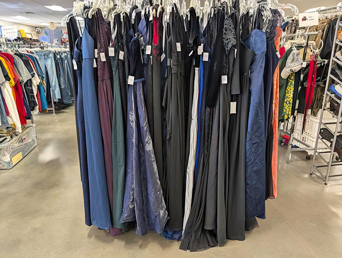 The dress selection rivals department stores with its organization and variety, from casual day wear to elegant evening options.