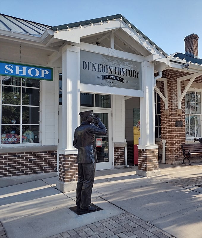 The Dunedin History Museum welcomes visitors with a bronze greeter who's been standing at attention since... well, forever.