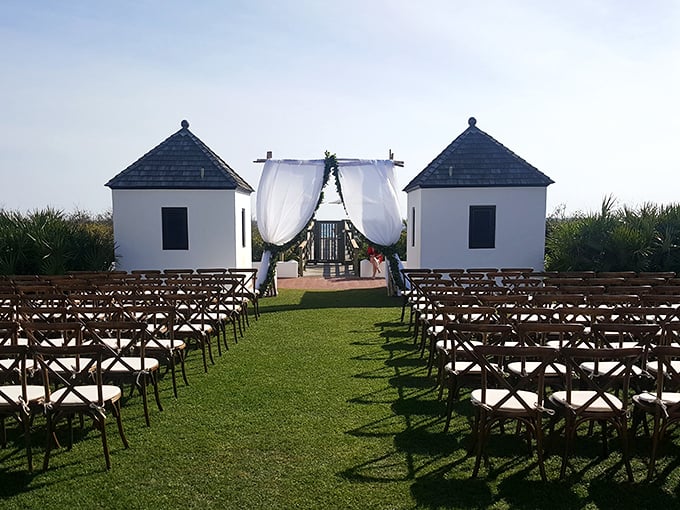 Wedding dreams come true at Eastern Green, where manicured lawns meet Gulf views and those twin pavilions stand like sentinels guarding precious memories in the making.