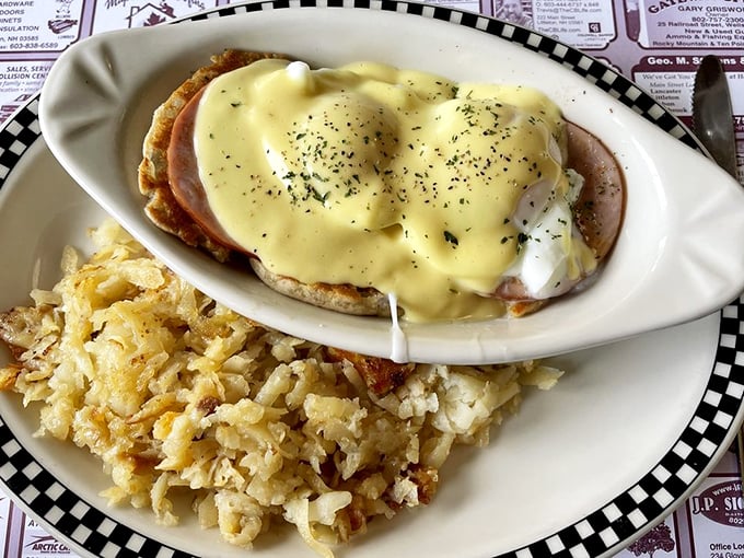 Eggs Benedict with a side of crispy home fries that makes you realize some classics became classics for a very good reason.
