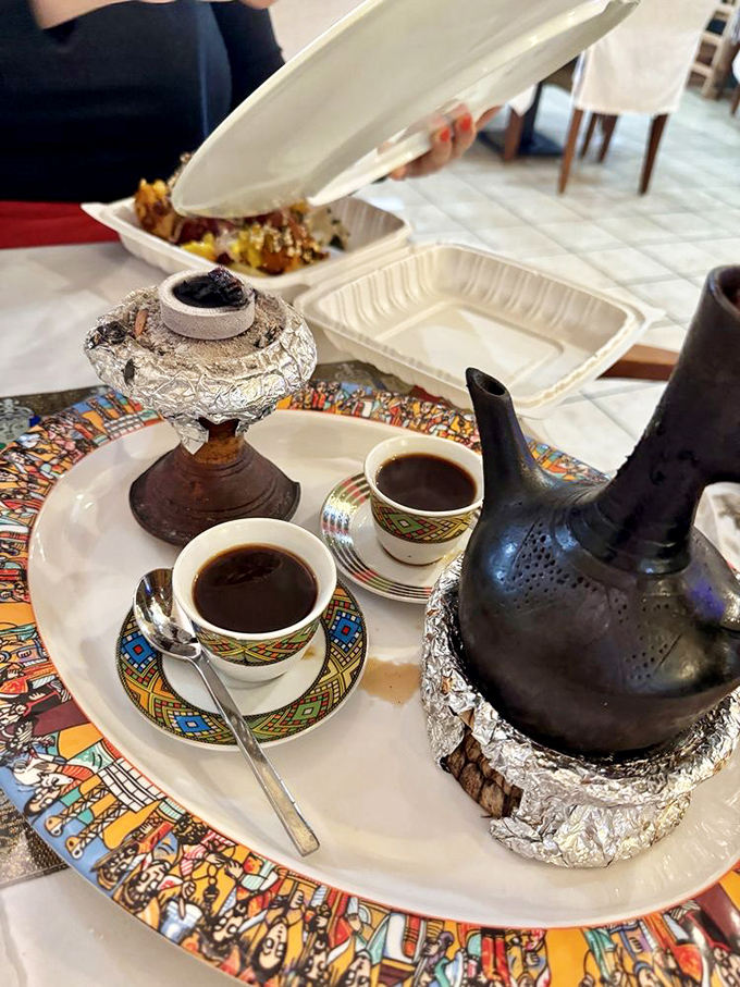 The Ethiopian coffee ceremony transforms caffeine into ritual, with traditional pots and tiny cups delivering intense flavor and cultural connection.