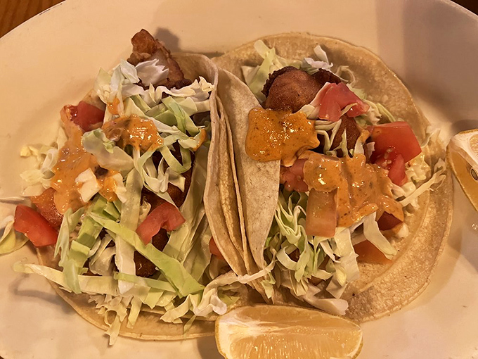 These fish tacos prove that even an Old West steakhouse knows its way around seafood, with fresh toppings and a squeeze of lime for brightness.
