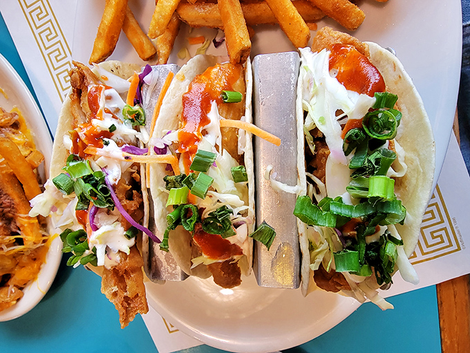 Fish tacos that bring unexpected coastal flair to landlocked Ohio. The crispy batter and fresh toppings prove good seafood isn't just for coastal elites.