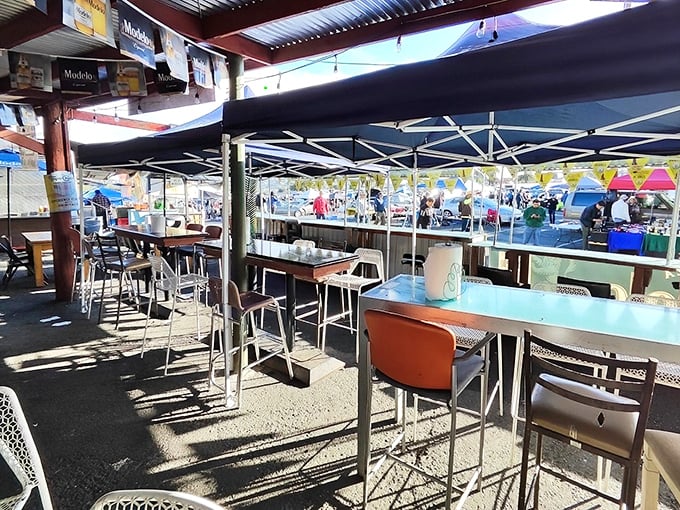 The swap meet's culinary heart—where plastic chairs and simple tables set the stage for some of the most authentic street food in San Diego.