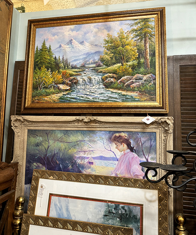 These landscape paintings transport you to places that exist somewhere between memory and imagination, framed in gold that catches every light.