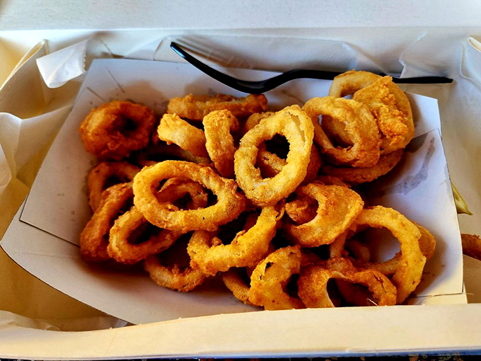 Calamari rings fried to perfection – like onion rings that went to finishing school under the sea.
