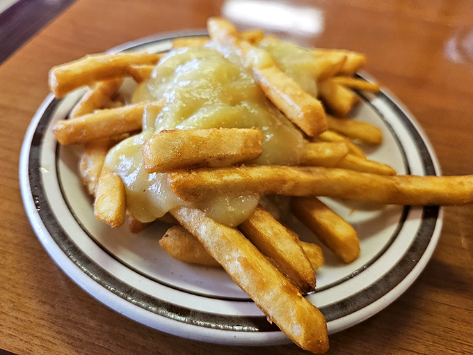 Cheese fries that make you question why anyone would eat potatoes any other way. The perfect golden crispness beneath that melty blanket of cheese is pure diner magic.