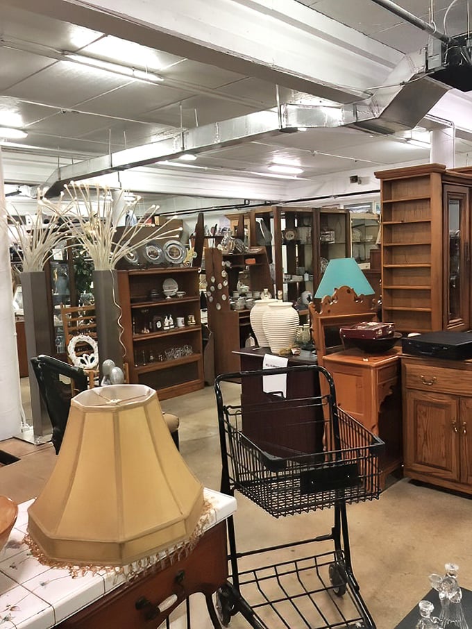 Lamp shades, bookcases, and a shopping cart for hauling your finds&mdash;this furniture section is where apartments become homes without emptying bank accounts.