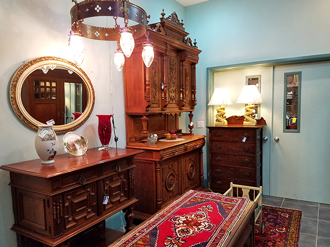 Antique furniture arranged in conversational groupings invites you to imagine the dinner parties and family gatherings these pieces once witnessed.