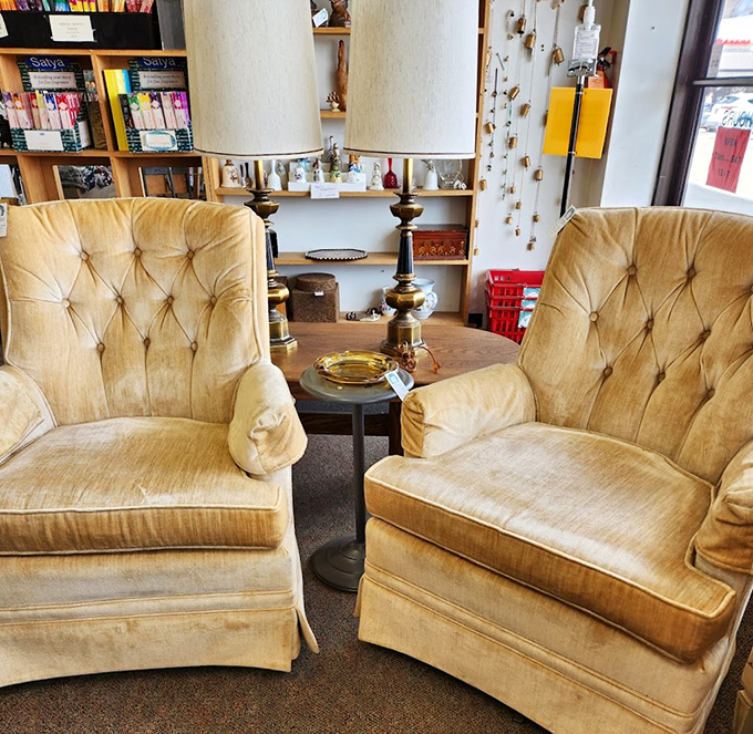 A velvet conversation pit waiting to happen. These golden armchairs have witnessed decades of heart-to-hearts and are ready for your living room confessionals.