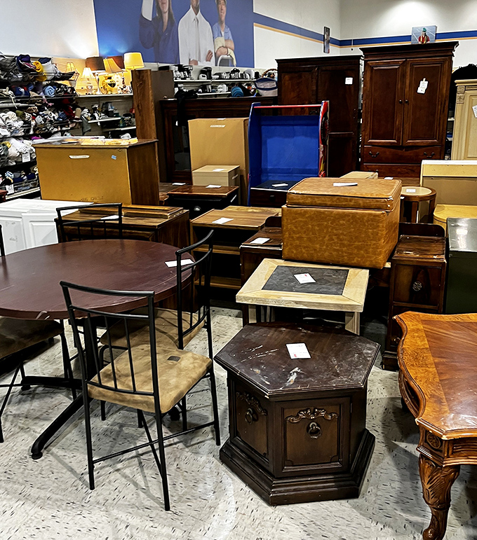 Furniture that's seen a few stories waiting to join your narrative. That hexagonal end table has more character than most dating app profiles.