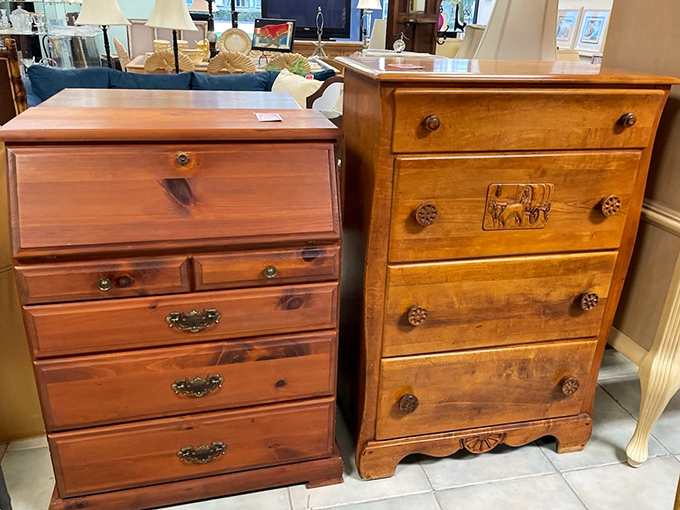 Solid wood dressers with personality and patina stand sentinel, reminding us when furniture was built to outlast its original owners.