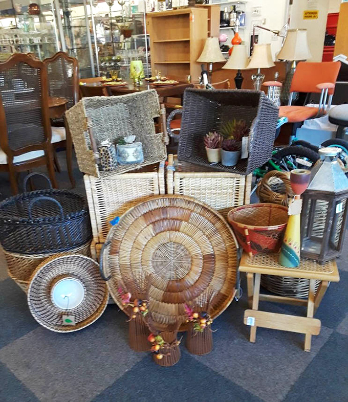 Wicker baskets and wooden treasures create a bohemian corner that would make any Instagram influencer swoon with vintage-inspired delight.