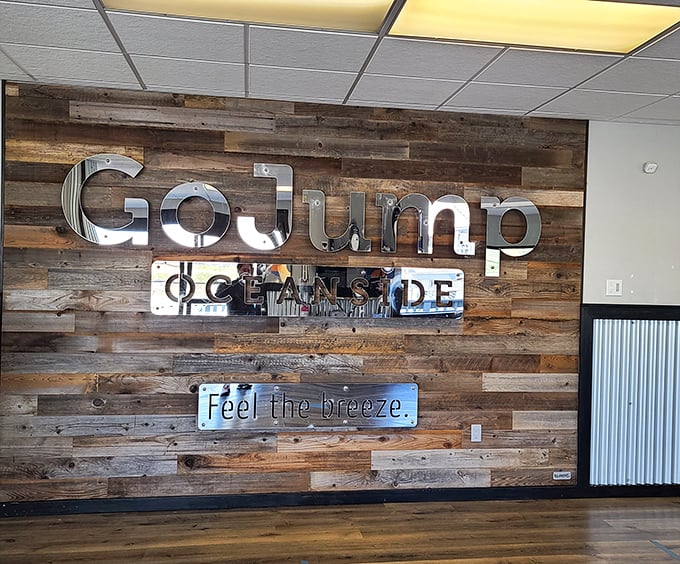 "Feel the breeze" indeed—GoJump Oceanside's rustic-chic interior prepares visitors for airborne adventures while keeping feet temporarily planted on solid ground.