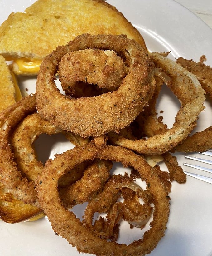 Onion rings with the perfect crunch-to-tenderness ratio alongside what appears to be a grilled cheese sandwich. Comfort food that takes you back to simpler times.