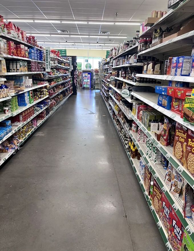 Grocery aisle gold! Name-brand cereals and snacks line these shelves like old friends waiting to jump into your cart without judgment.