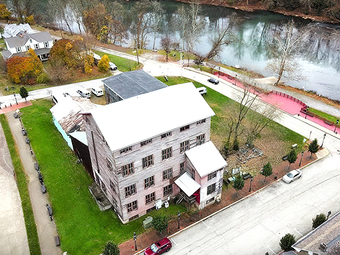 This historic mill building stands as a testament to Saltsburg's industrial past, now reimagined for a new chapter beside the water.