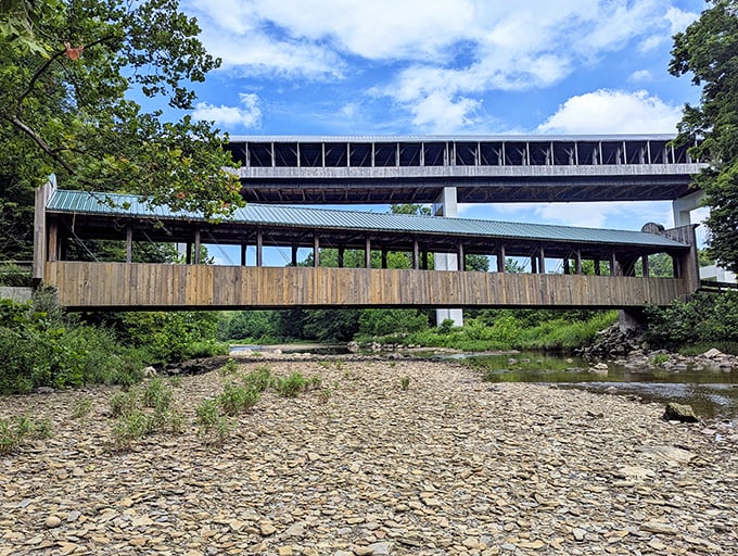 The Historic Riverview Covered Bridge offers a picture-perfect frame for the stream below, proving that some of life's best views come with roofs.