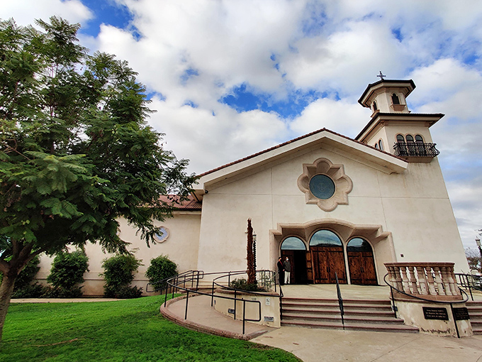 Mission-style architecture brings Spanish colonial influence to this serene church, where the ramp thoughtfully ensures everyone can enter.