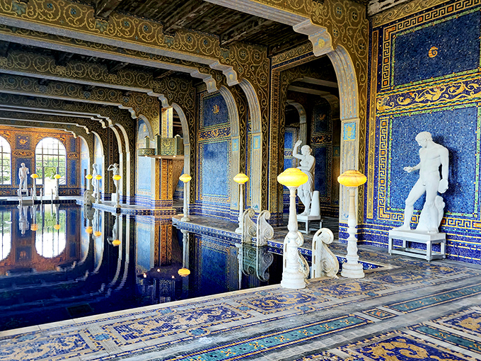 The Roman Pool's shimmering blue and gold tiles create an underwater fantasy world that makes your neighborhood pool look like a puddle.