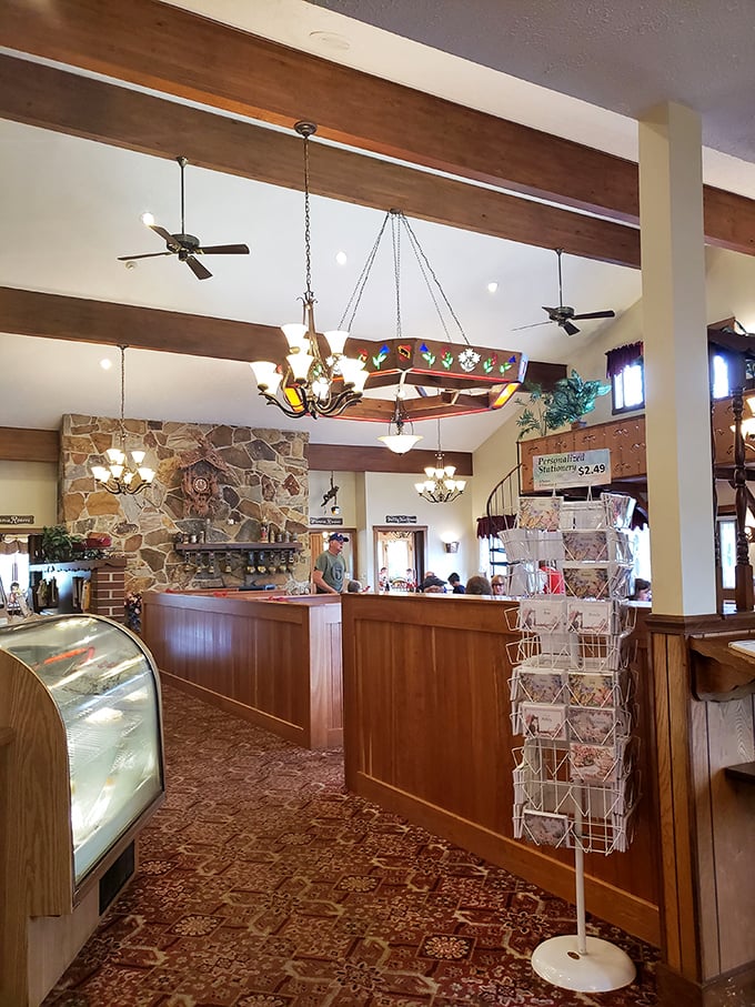 Exposed beams and warm wood tones create the perfect backdrop for serious cheese decisions. Take your time&mdash;this is important business.