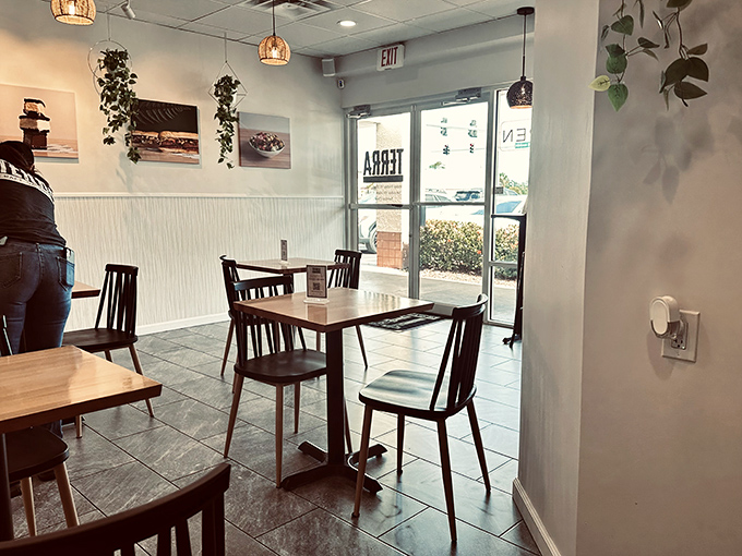 Sunlight streams through windows in this corner spot where plants dangle from above, creating an oasis from Florida's midday heat.