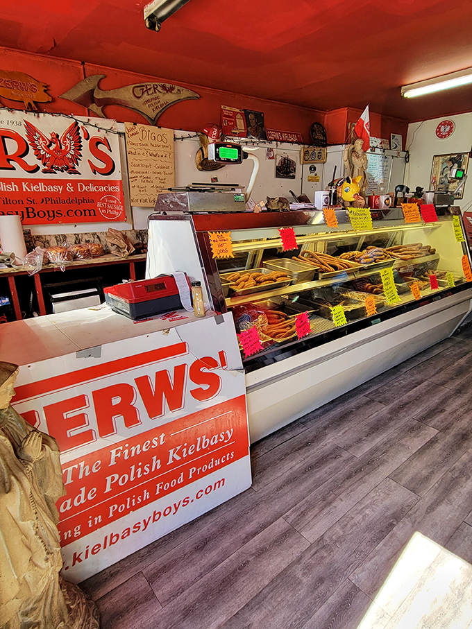 The red ceiling, the display case, the handwritten signs&mdash;this isn't retro design; it's a place that never saw a reason to change.