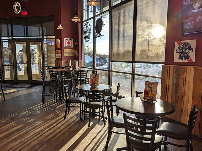 Sunlight streams through tall windows, creating the perfect ambiance for important decisions&mdash;like which burger to devour first.