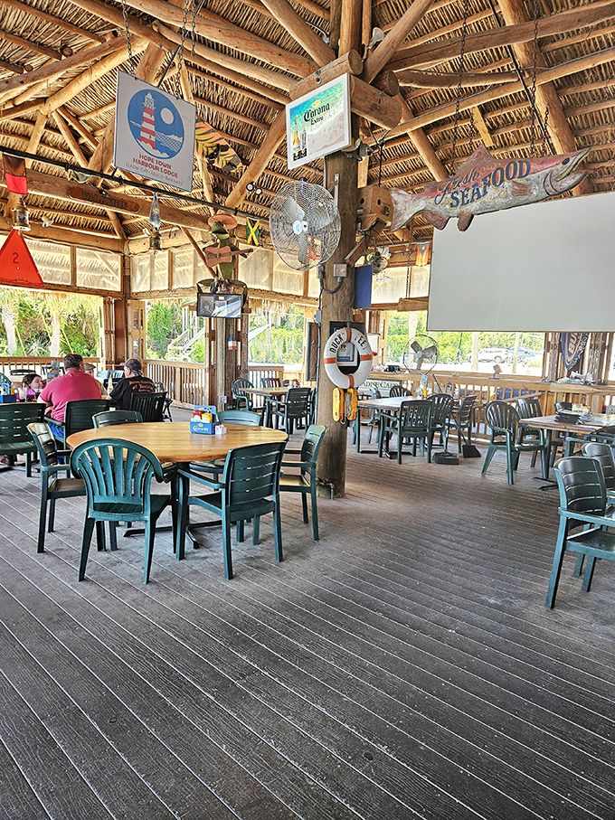 Nautical charm meets casual comfort. The open-air dining space invites you to linger longer than you planned&mdash;and you absolutely will.