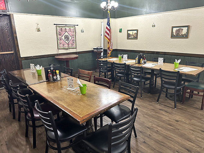The dining room's American flag and wooden tables create that rare atmosphere where both important business deals and family celebrations feel equally at home.