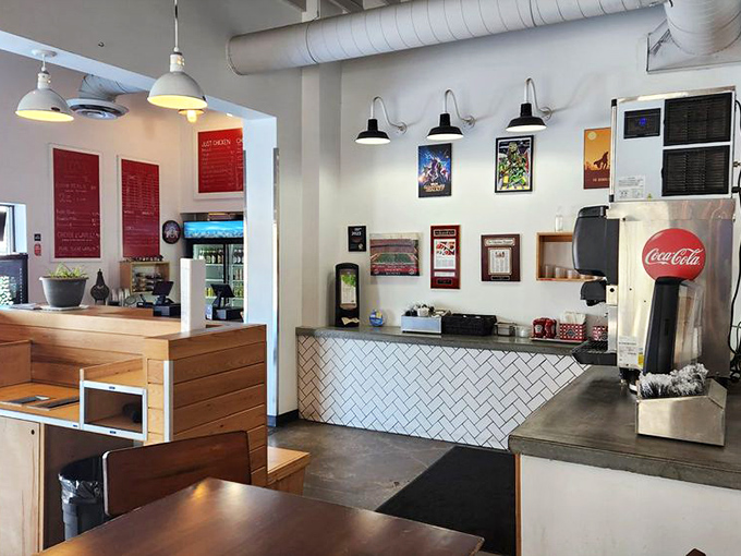 The counter service area combines modern subway tile with classic red signage&mdash;like if your grandmother's kitchen got a HGTV makeover.