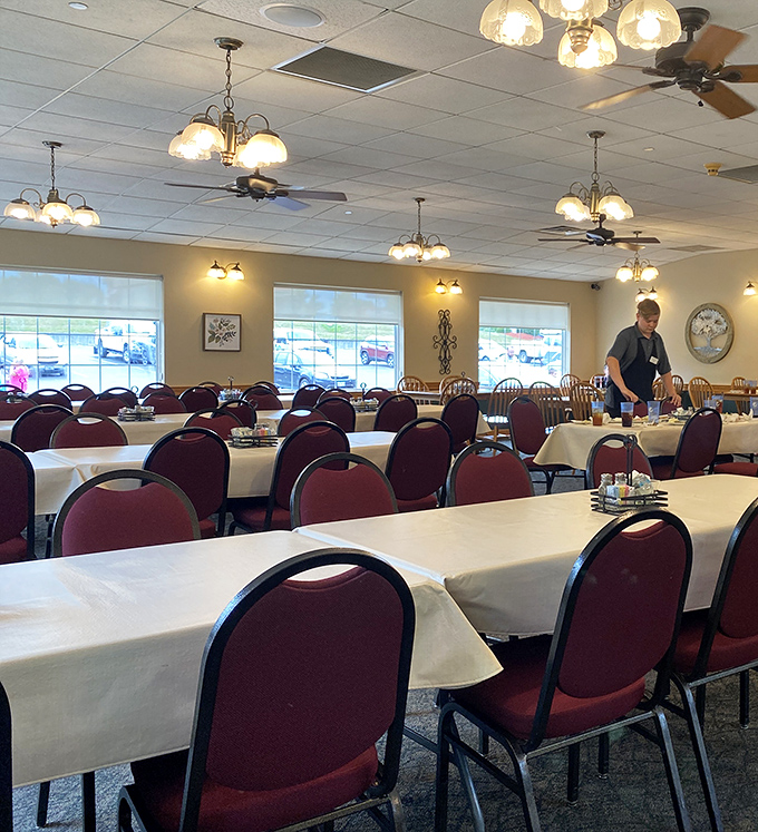 The dining room's warm lighting and simple decor create the perfect backdrop for the real star of the show&mdash;the food.