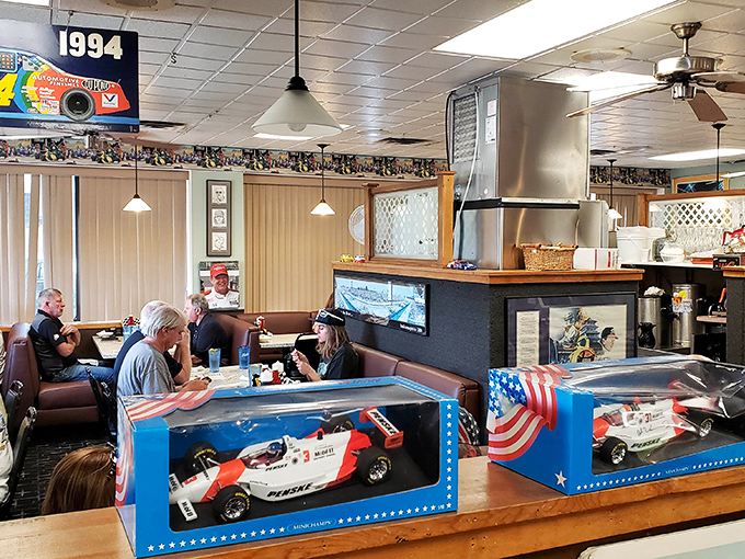 Racing memorabilia lines the walls, reminding you that in Speedway, Indiana, even breakfast comes with a side of motorsport history.