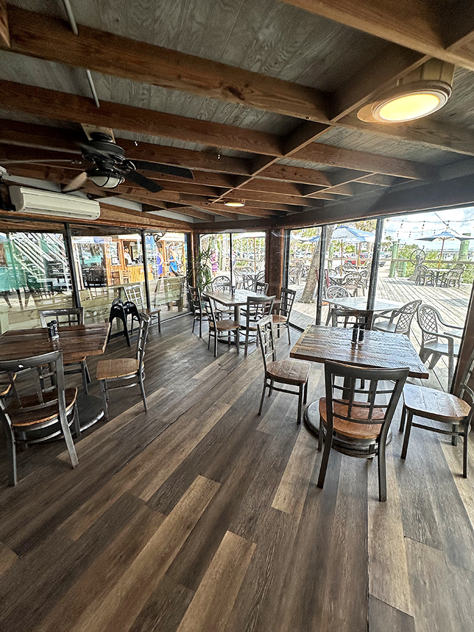 Rustic wooden beams and panoramic windows create the perfect backdrop for seafood feasting&mdash;just casual enough to make flip-flops appropriate attire.