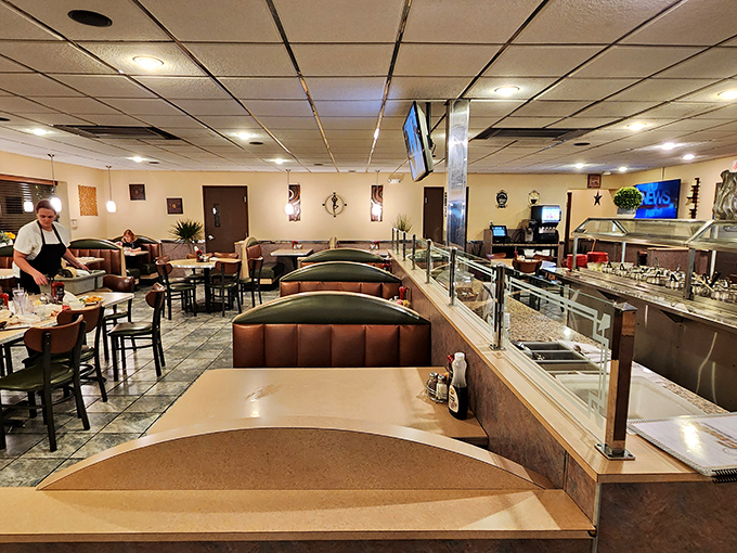The dining room view reveals the buffet line&mdash;a gastronomic runway where comfort food struts its stuff without an ounce of pretension.