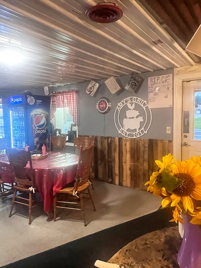 Wood-paneled walls, checkered tablecloths, and sunflowers create that perfect "somebody's cool aunt decorated this place" vibe that makes you instantly comfortable.