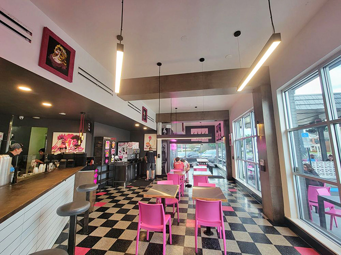 High ceilings, checkerboard floors, and enough pink to make Barbie jealous&mdash;this isn't your grandma's chicken joint, but she'd approve anyway.