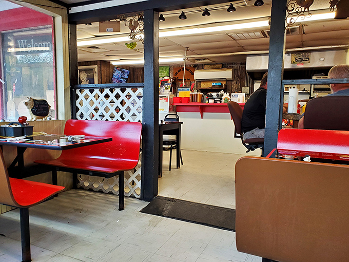 The dining room where BBQ dreams come true. Those red benches have witnessed countless "food happy dances" over the years.
